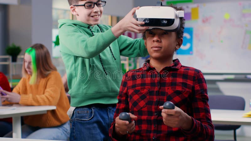 Schoolboy Take Off Vr Headset from Classmate& X27;s Head and Laughing ...