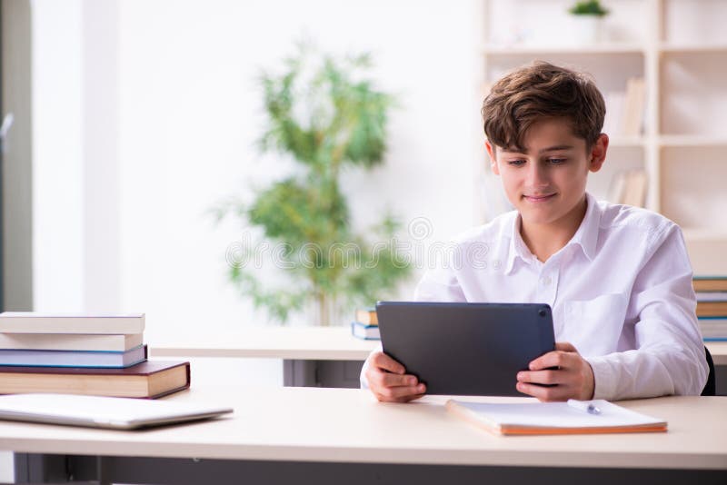 Schoolboy in Tele-education Concept in the Classroom Stock Image ...