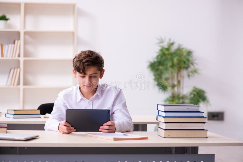 Schoolboy in Tele-education Concept in the Classroom Stock Photo ...