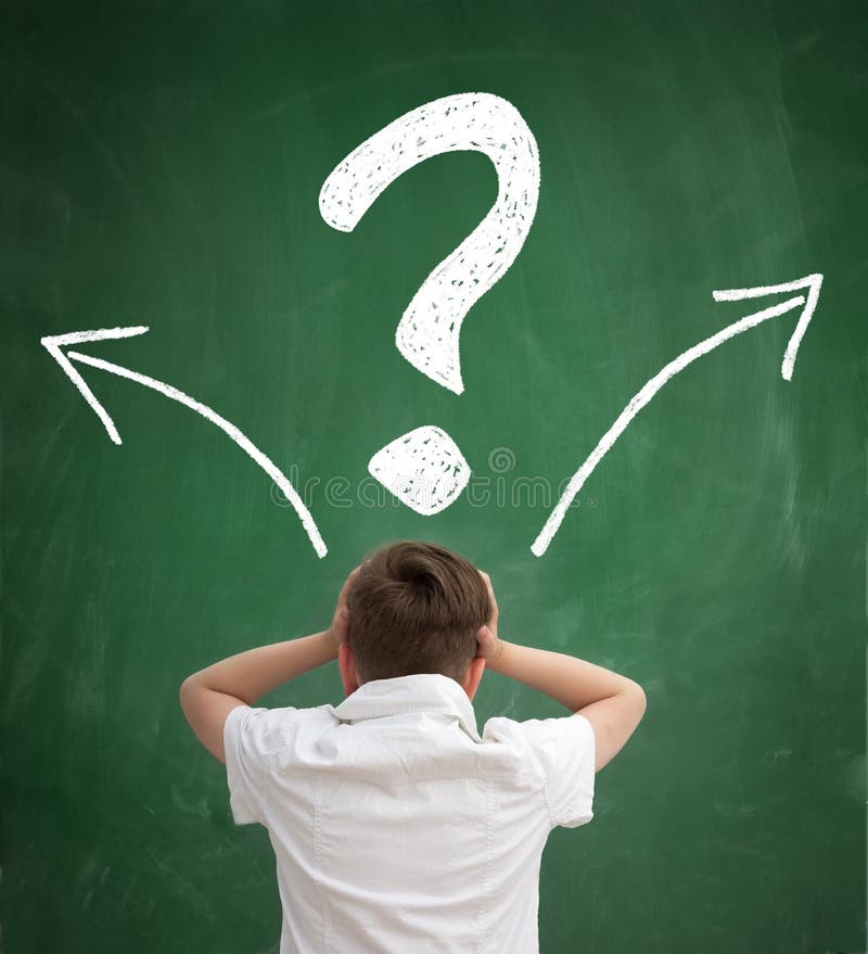 Schoolboy Thinking with Question Marks Overhead Stock Photo - Image of ...