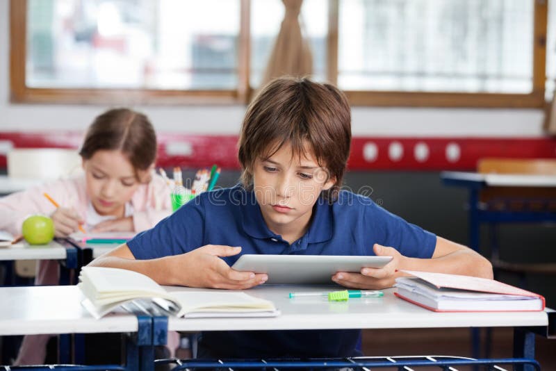 Boy and Girl Using Desktop Pc in School Computer Stock Image - Image of ...