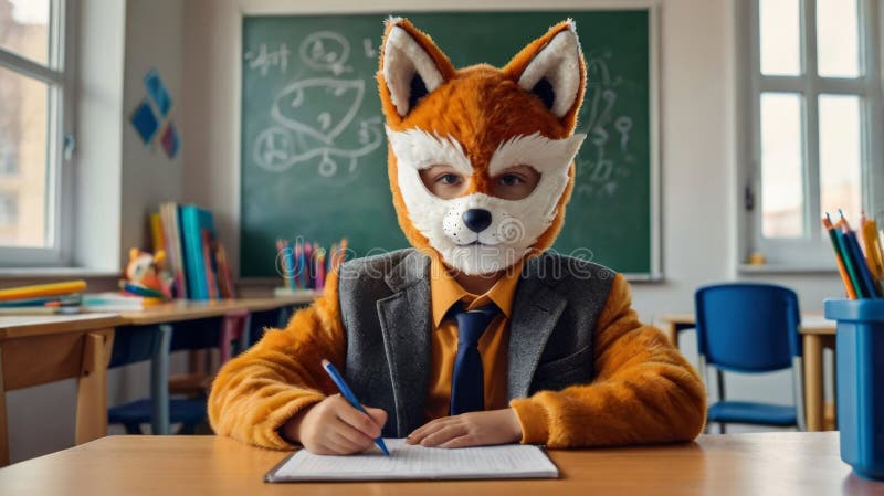 Schoolboy Wearing Fox Mask Writing at Desk in Classroom Stock Image ...