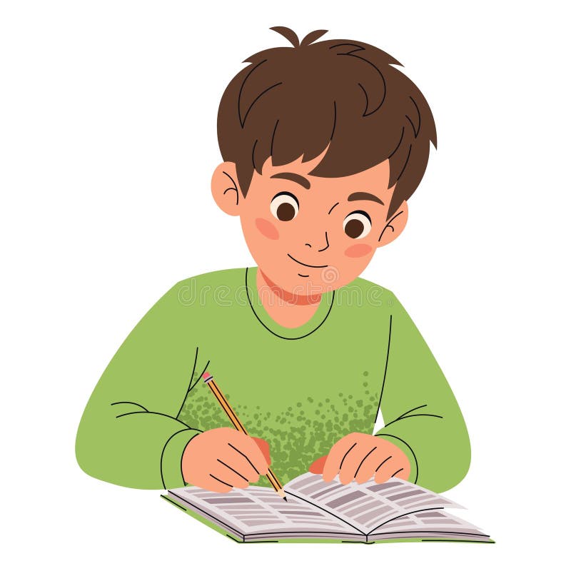 Schoolboy Writing Homework in Notebook, Flat Style Illustration. Child ...