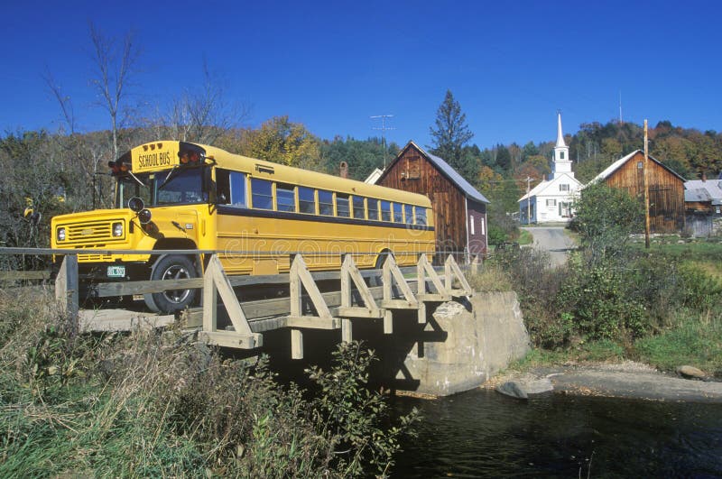 Yellow School Bus Crossing Wooden Bridge Over Waits River in Autumn, VT ...
