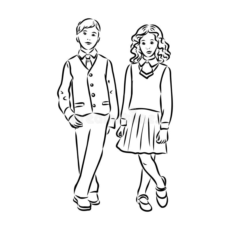 Schoolchildren Go To School Hand in Hand. Sketch Stock Vector ...