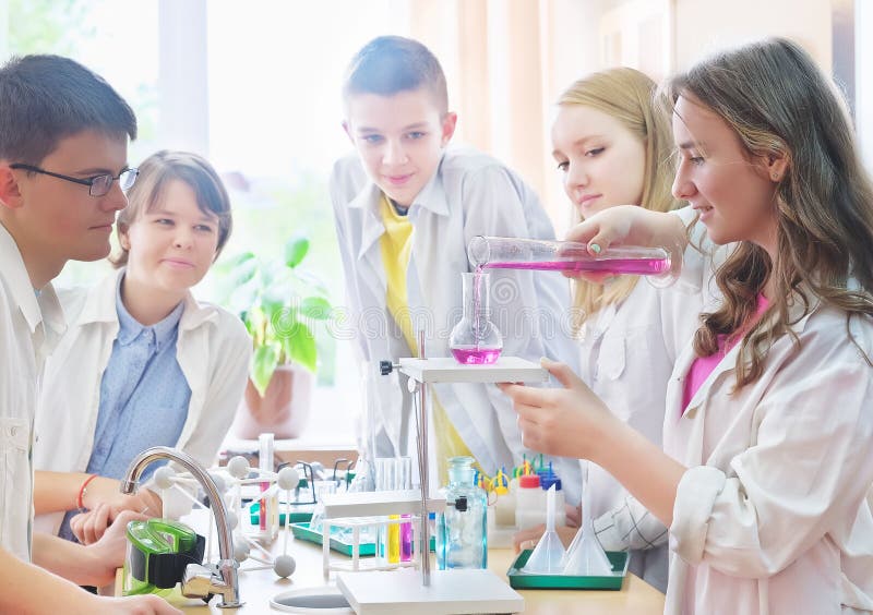 Schoolchildren in Science Class Stock Photo - Image of experiment ...