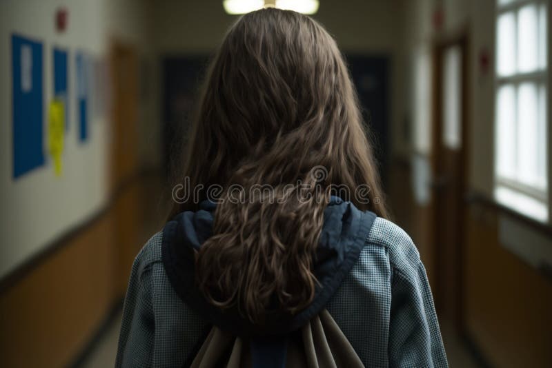 Schoolgirl with Backpack in School Corridor. AI Generated. Back View ...