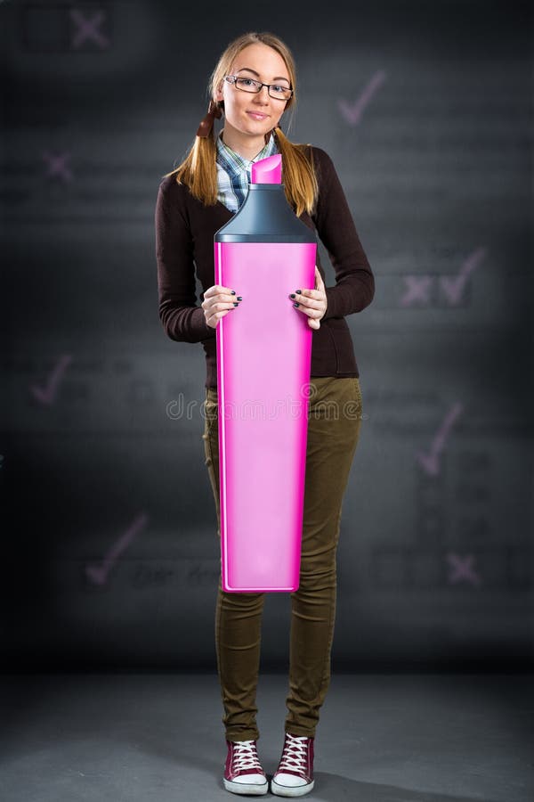 Schoolgirl with Big Marker Thinking on Exam Stock Image - Image of ...