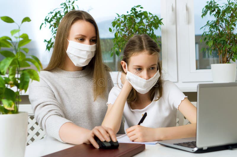 Schoolgirl with Her Mother at Distance Learning. Stock Image - Image of ... Schoolgirl with Her Mother at Distance Learning. Stock Image - Image of ...