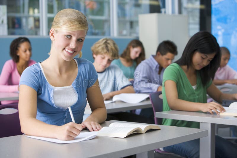 Schoolgirl in High School Class Stock Image - Image of indoors, color ...