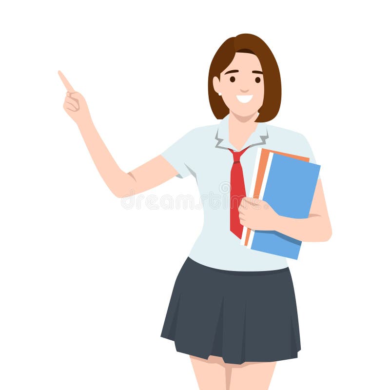 Schoolgirl Points Enthusiastically while Holding Folders, Eagerness and ...