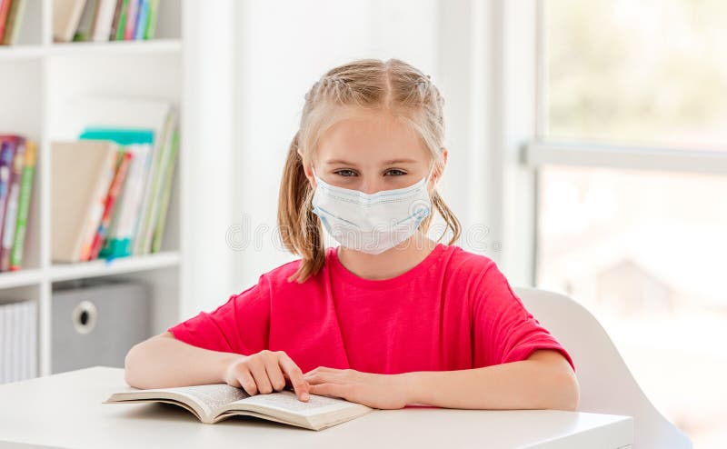 Schoolgirl in Protective Mask Reading Book Stock Image - Image of ...