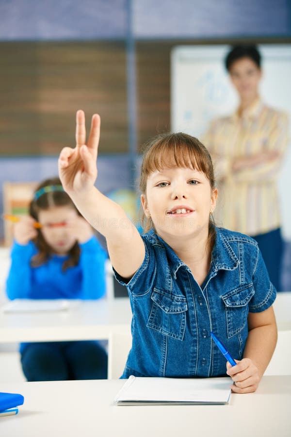 Boy Raising Hand during Lesson Stock Image - Image of study, workday ...