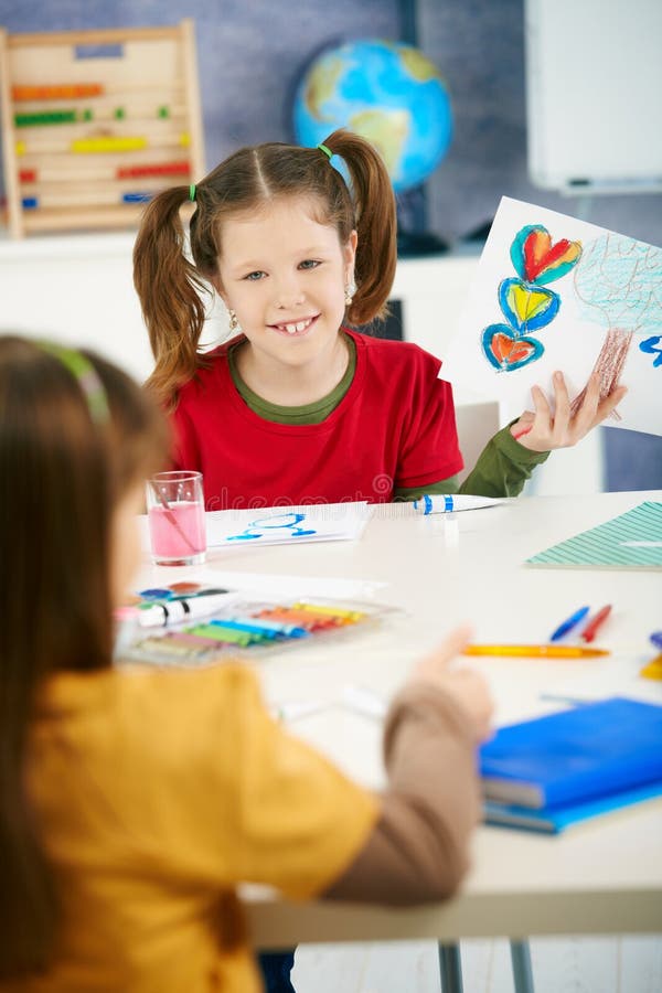 Schoolgirl Showing Painting in Art Class Stock Photo - Image of indoor ...