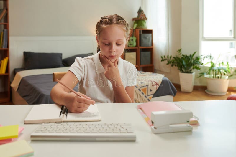 Schoolgirl Solving Maths Formula on Green Board in Classroom Stock ...