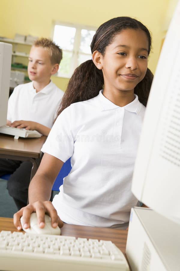 Schoolgirl Studying in Front of a School Computer Stock Image - Image ...