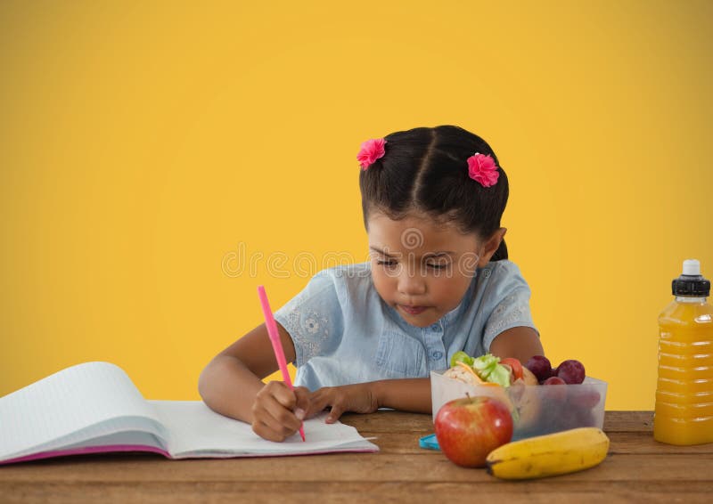 Schoolgirl Writing with Healthy Lunch Stock Photo - Image of female ...