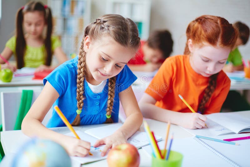 Schoolgirls at Drawing Lesson Stock Photo - Image of diligent, children ...