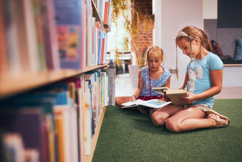 Two Schoolgirls Reading Books in School Library. Primary School ...