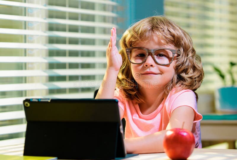 Schoolkid Making Facetime Video Calling with Tablet at Home, Using Zoom ...