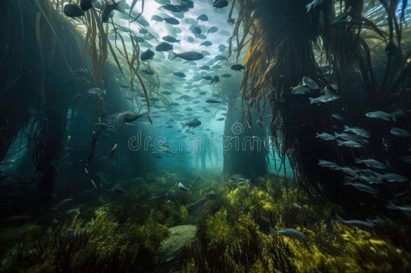 Schools of Fish Swimming among Kelp Forests, with Schools Above and ...