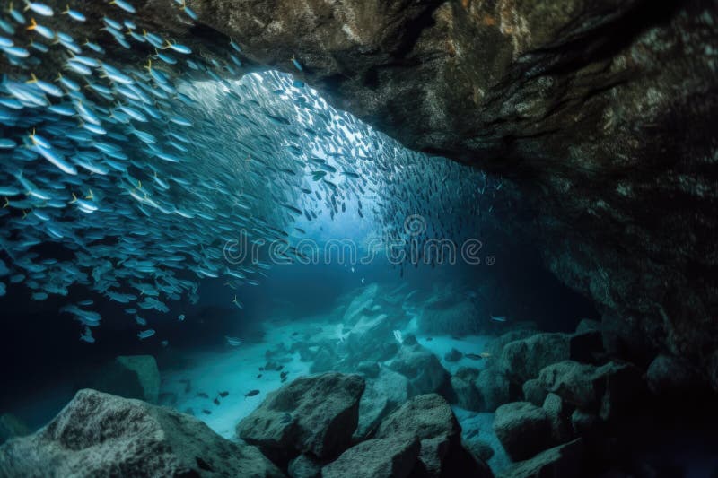 Schools of Fish Swimming through Narrow Underwater Cave Stock Photo ...