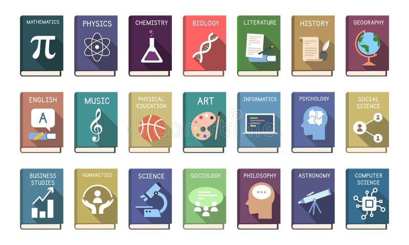 Vector Set of School Subjects Textbooks Icons Flat Style with Long ...