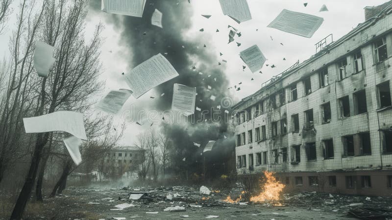 Schoolyard Devastated by Shelling with Burning Classrooms and Flying ...