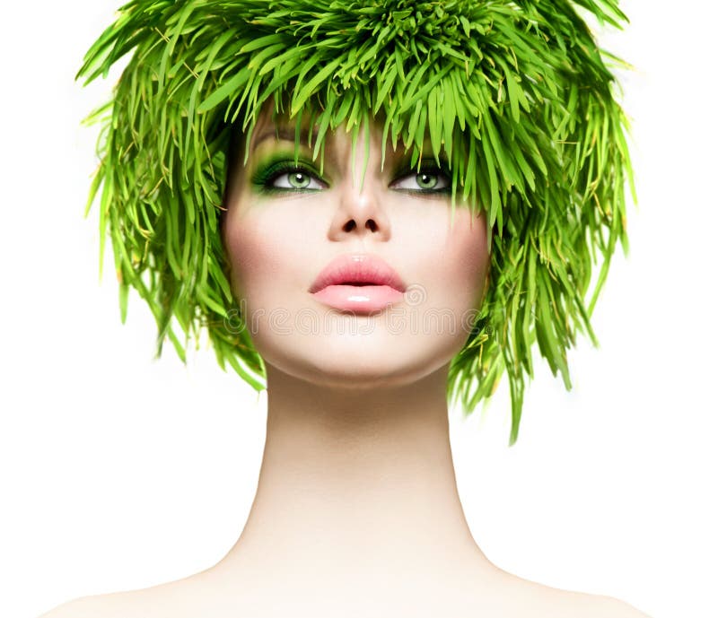 Vrouw Met Het Groene Haar Van Het Gras Stock Afbeelding - Image of ...