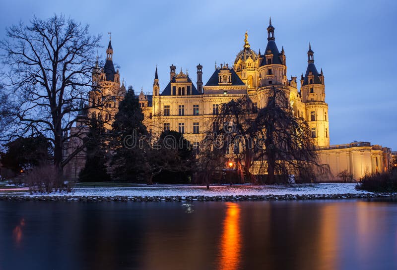 Schwerin Castle Illuminated in the Dark on the Lake Stock Image - Image ...