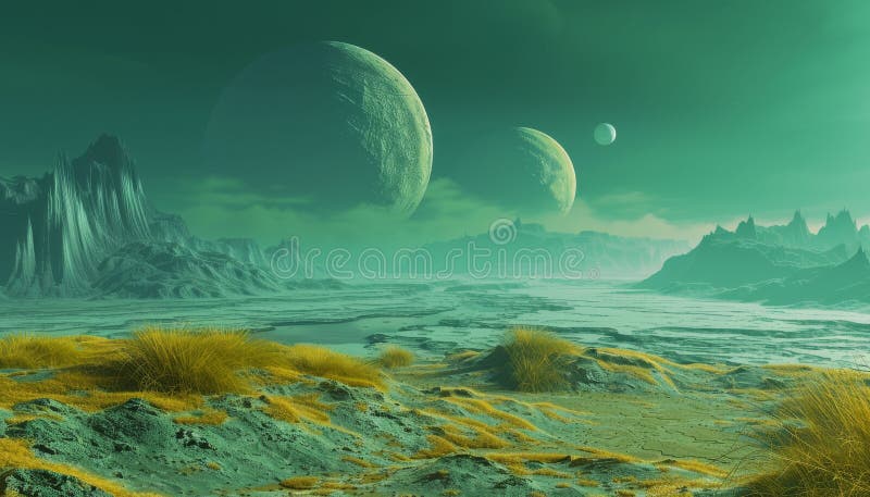 Sci Fi Alien Planet with Multiple Moons and Rocky Landscape Stock Image ...