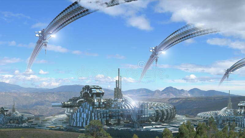 Sci-fi Architecture Composite with Scenic Landscapes Stock Illustration ...