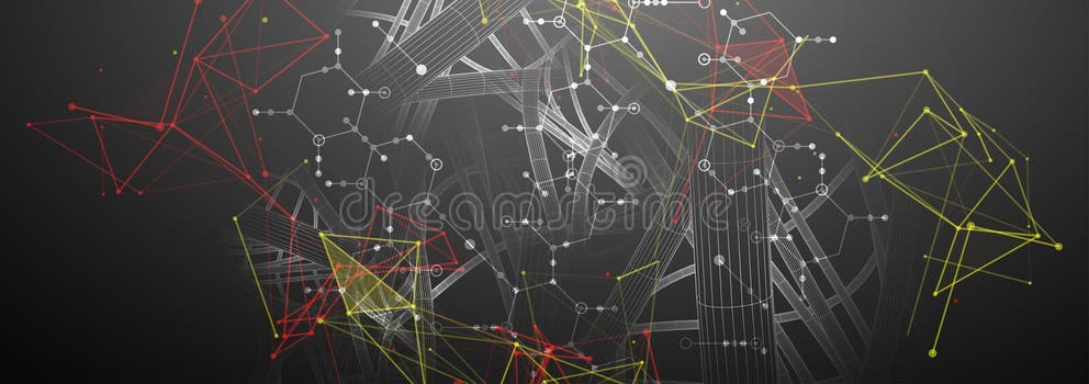 Sci-fi Background. Wireframe Dynamic Pipes with the Use of Colored Plexus Effect and Hexagons ...