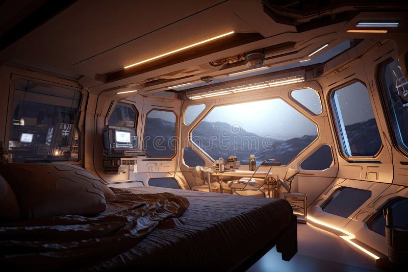 Sci-fi Bedroom, with View of Distant Star Systems, and Spacecraft Ready ...