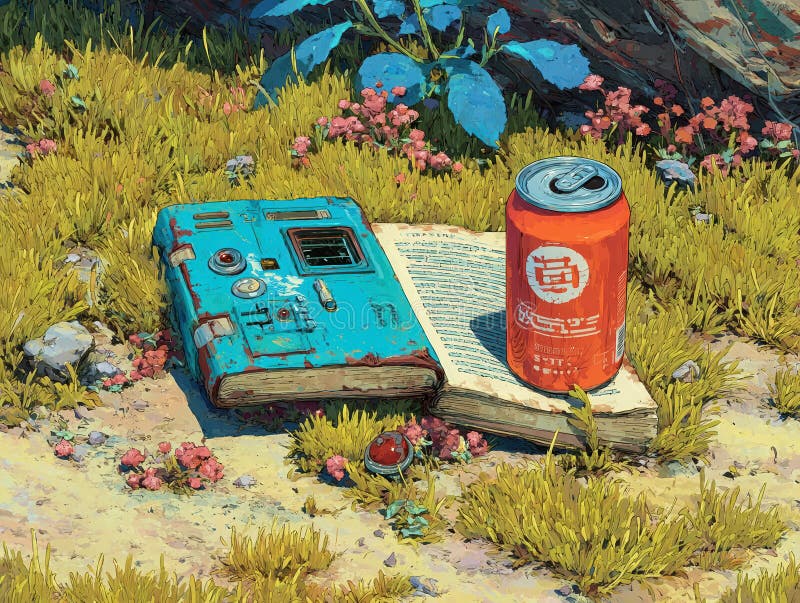 Sci-fi Book, Iced Soda Can, Nerdy Pins, Grass Background, Warm Colors ...