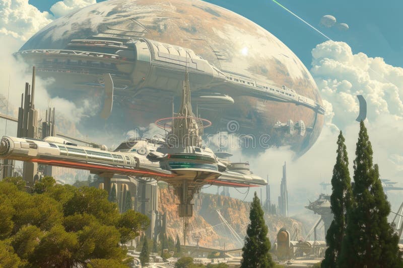 Sci-Fi Cityscape with Orbital Structures Stock Illustration ...