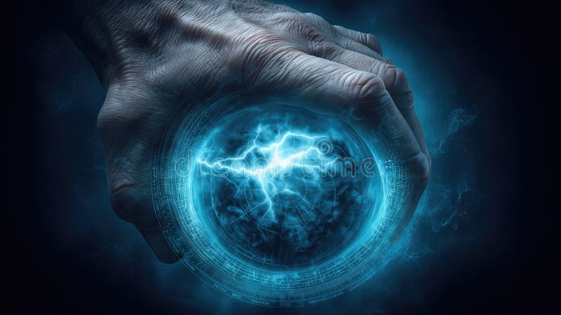 Hand Gripping a Glowing Blue Orb of Energy in a Futuristic Digital ...