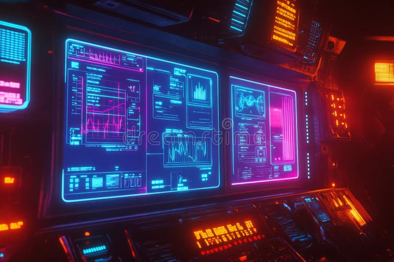 A Sci-fi Control Panel Background with Holographic User Interfaces, Floating Graphs, and ...