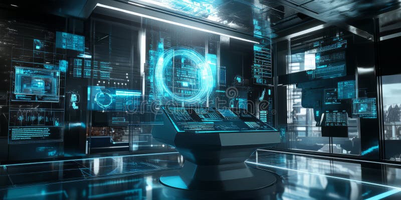 A Sci-fi Control Room with a High-tech 3D Background Featuring a Sleek ...