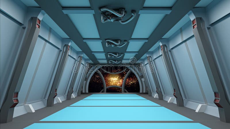 Sci Fi Corridor with View of Space Galaxy 3d Render Stock Illustration ...