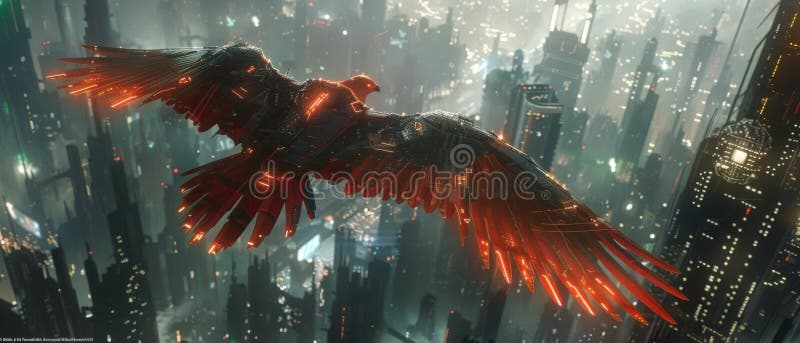 Sci-fi Cyber Hawk Soaring in Techno Metropolis Stock Illustration ...
