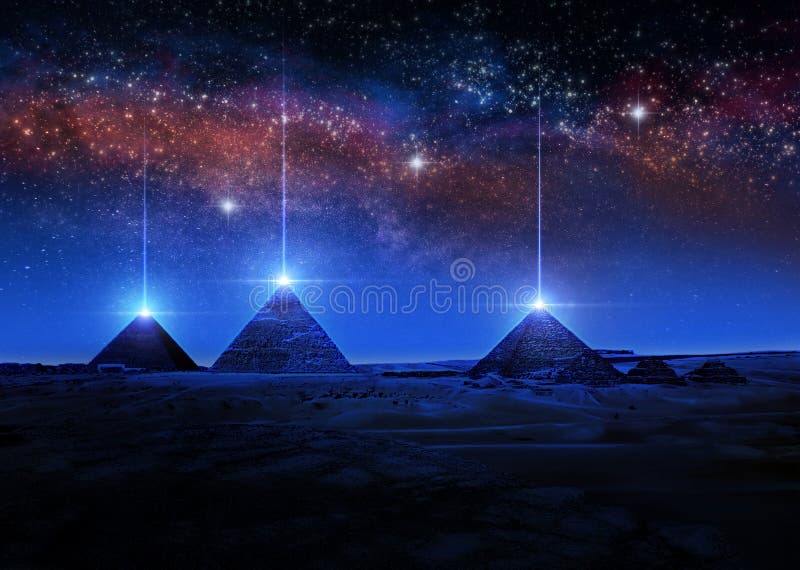 Sci-fi 3D Rendering or Illustration of Egyptian Pyramids at Night ...