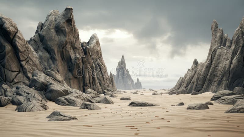 Sci-fi Desert Landscape: Brooding Dune with Sharp Boulders and Rocks ...
