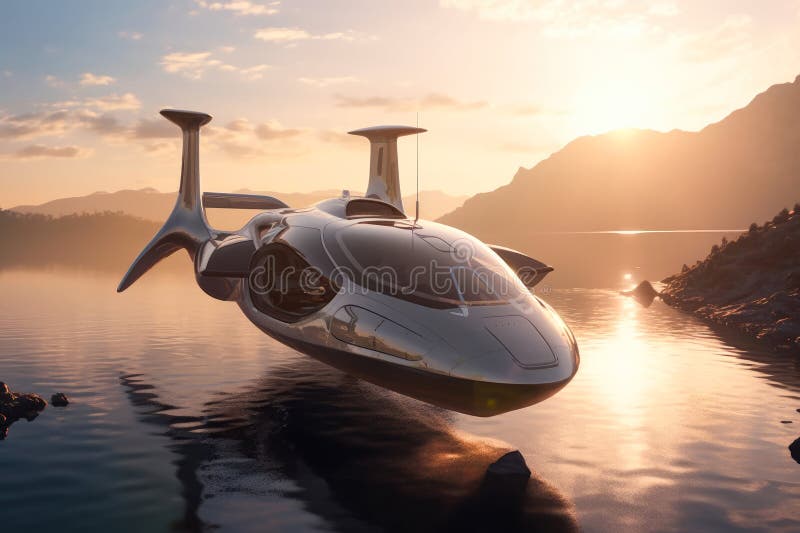 A Sci-fi Flying Vehicle Parked Hovering Above Water. Created with ...