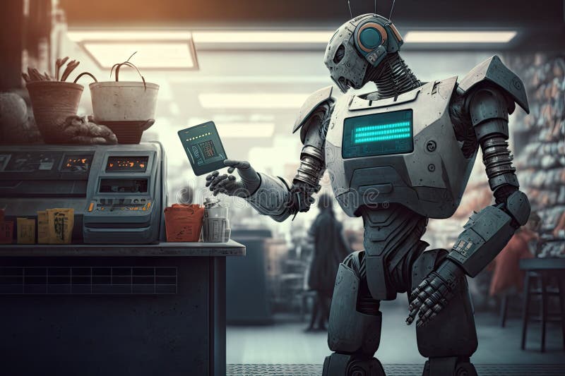 Sci-fi Future, with Android Robot Paying for Purchase Using Contactless ...