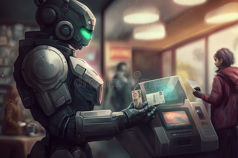 Sci-fi Future, with Android Robot Paying for Purchase Using Contactless ...