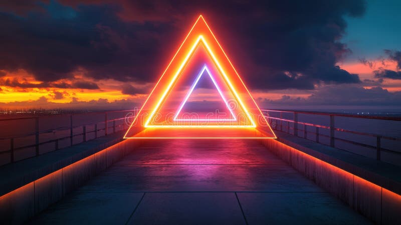 Sci-Fi Futuristic Triangle Neon Structure Illuminating a Bridge in a ...