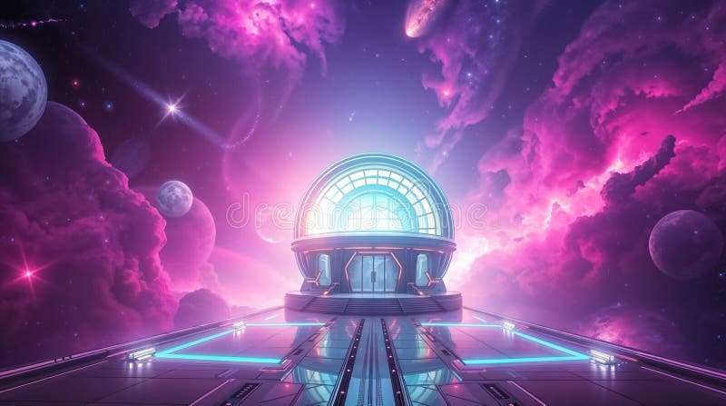 Sci Fi Glowing Architecture with Vibrant Clouds and Cosmic Background for Use in Fantasy ...