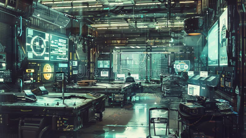 Sci Fi Grunge Modern Clean Background Featuring a High-tech Workshop, with Advanced Tools ...