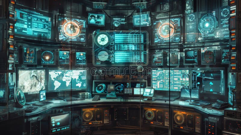 Sci Fi Grunge Modern Clean Background of a High-tech Surveillance Room ...